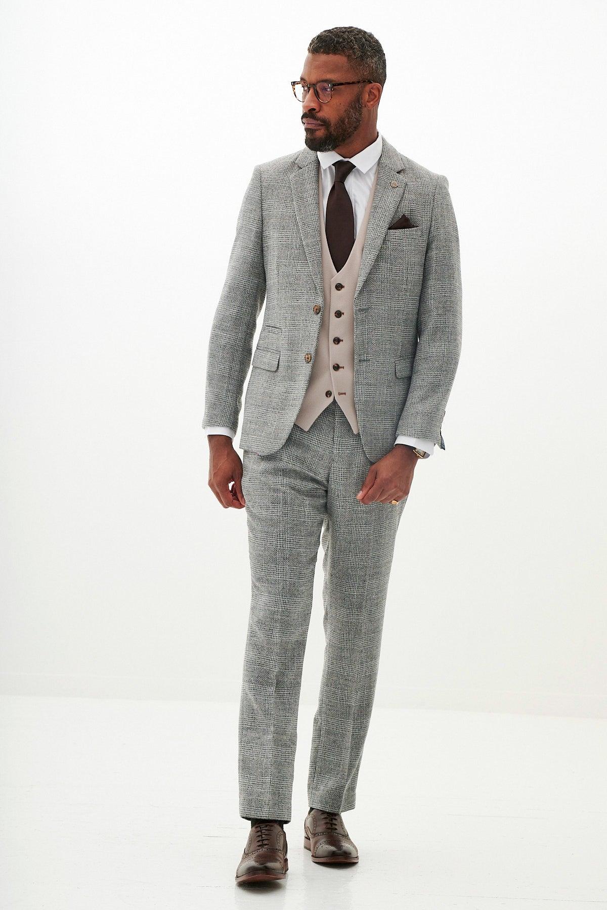 KRIS - Silver Grey Tweed Suit With HM5 Stone Waistcoat – Marc Darcy