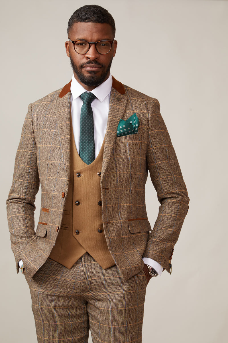 Tan Tweed Check Suit With Kelvin Oak Waistcoat – Marc Darcy
