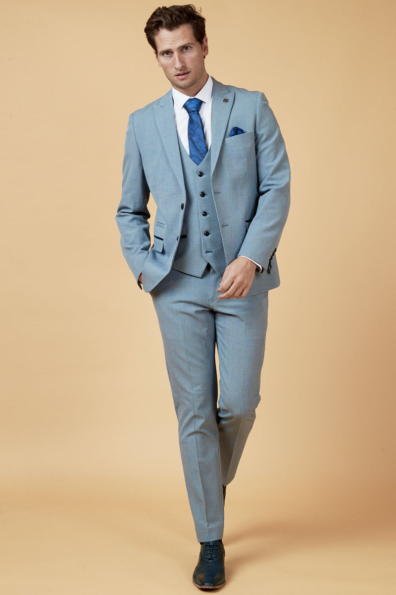 BROMLEY - Sky Blue Check Three Piece Suit – Marc Darcy