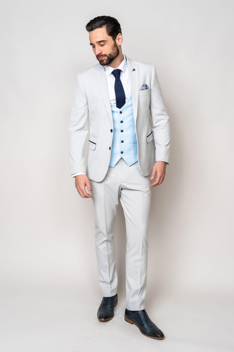 BROMLEY - Stone Check Suit with Kelvin Sky Waistcoat – Marc Darcy