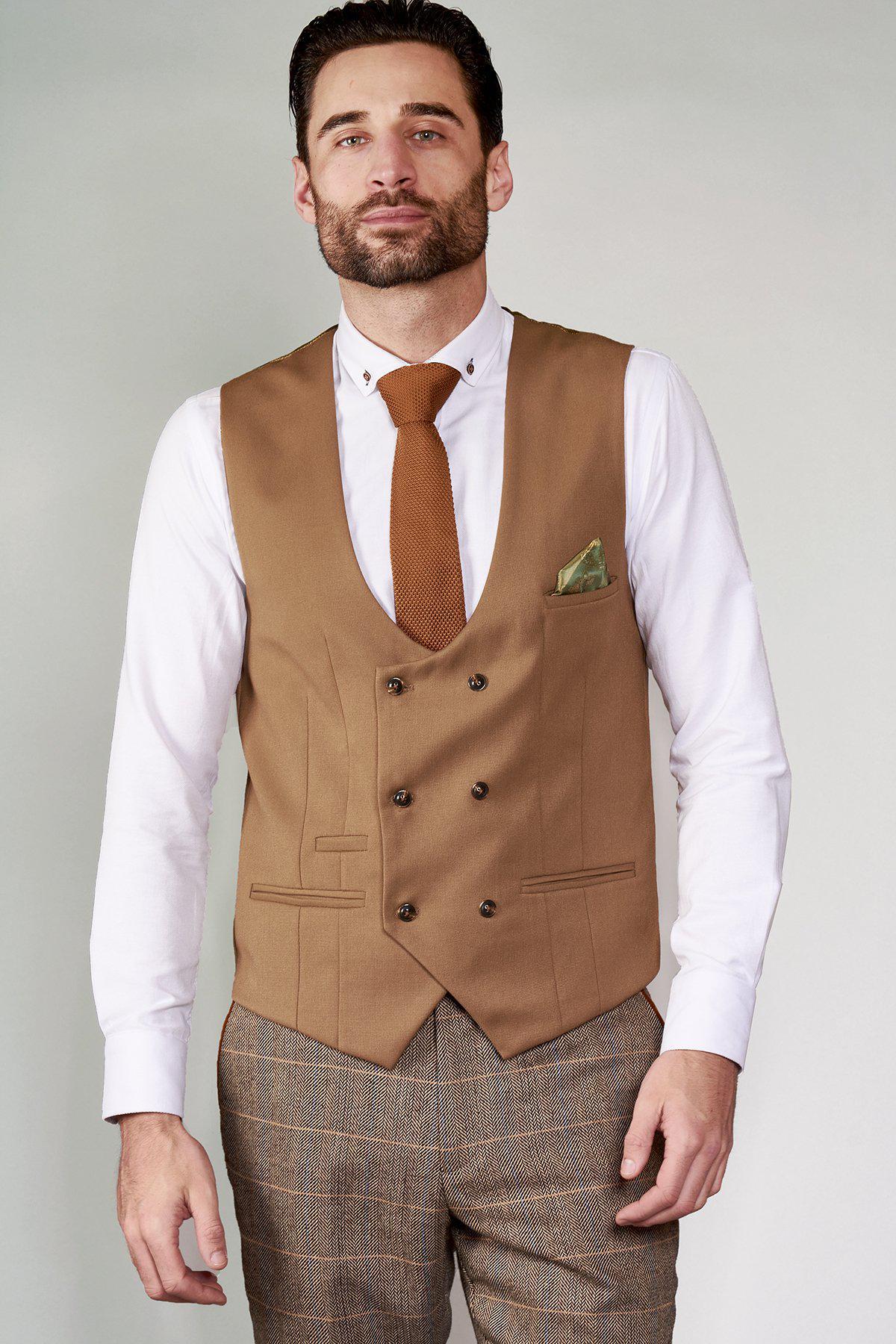KELLY - Tan Double Breasted Waistcoat – Marc Darcy