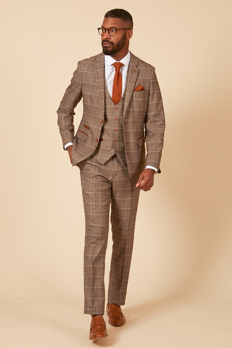 Tan Check Three Piece Suit | Men's Tan Suit | Marc Darcy