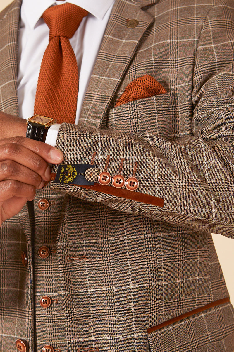 Tan Check Three Piece Suit | Men's Tan Suit | Marc Darcy