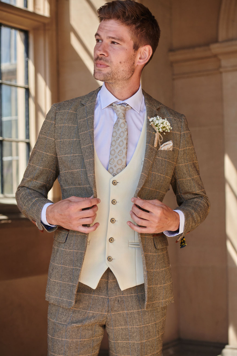 Tan Tweed Check Suit & Kelvin Cream Waistcoat | Marc Darcy