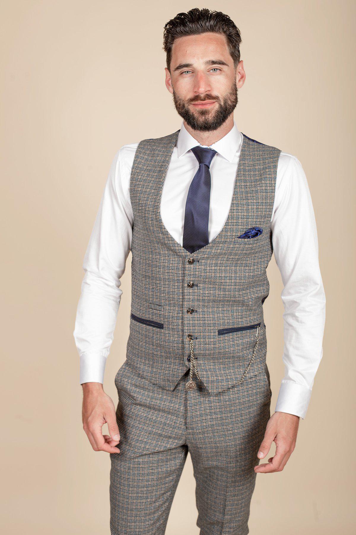 HARDWICK - Navy Tan Tweed Check Waistcoat – Marc Darcy