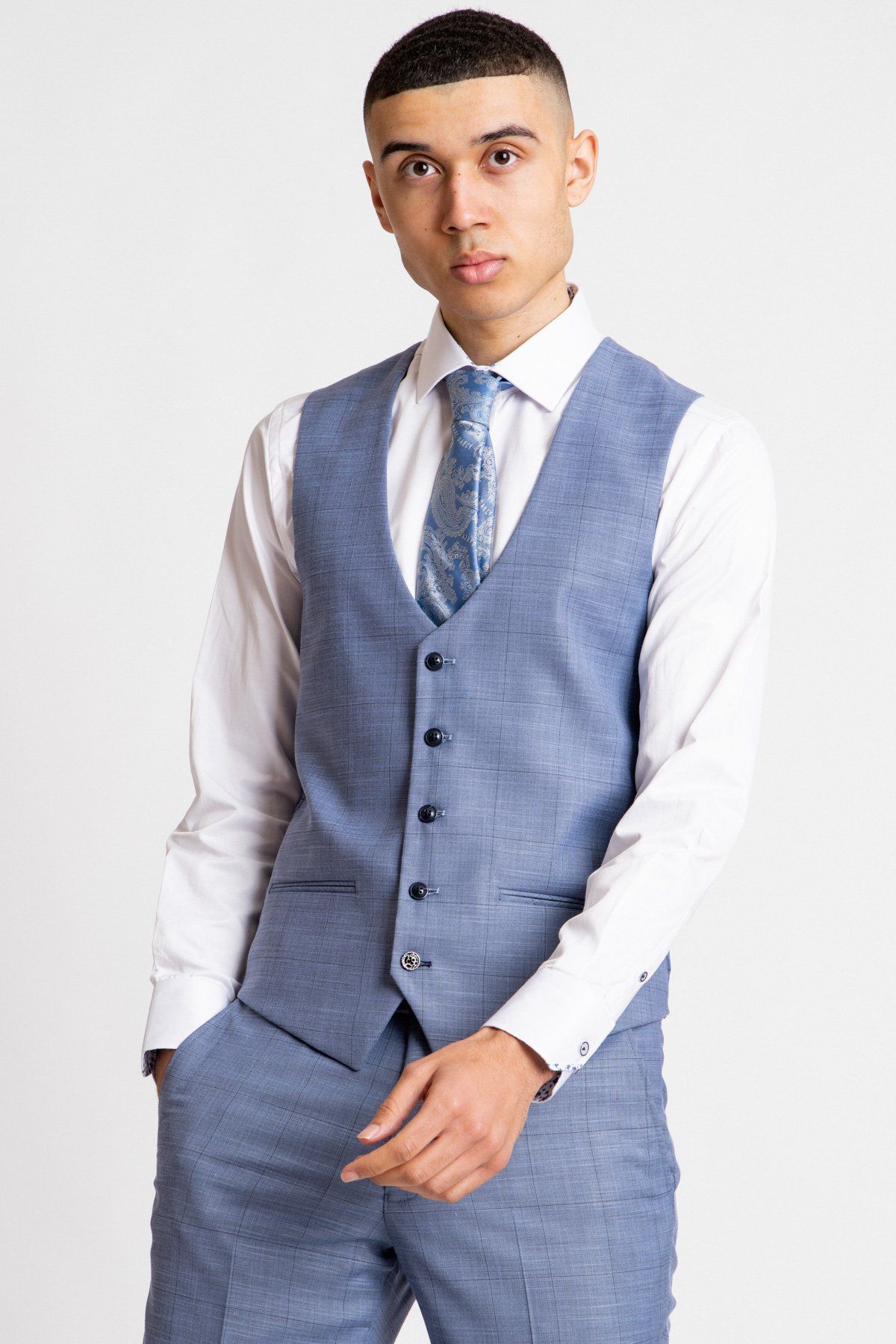 SID - Blue Grey Check Single Breasted Waistcoat – Marc Darcy