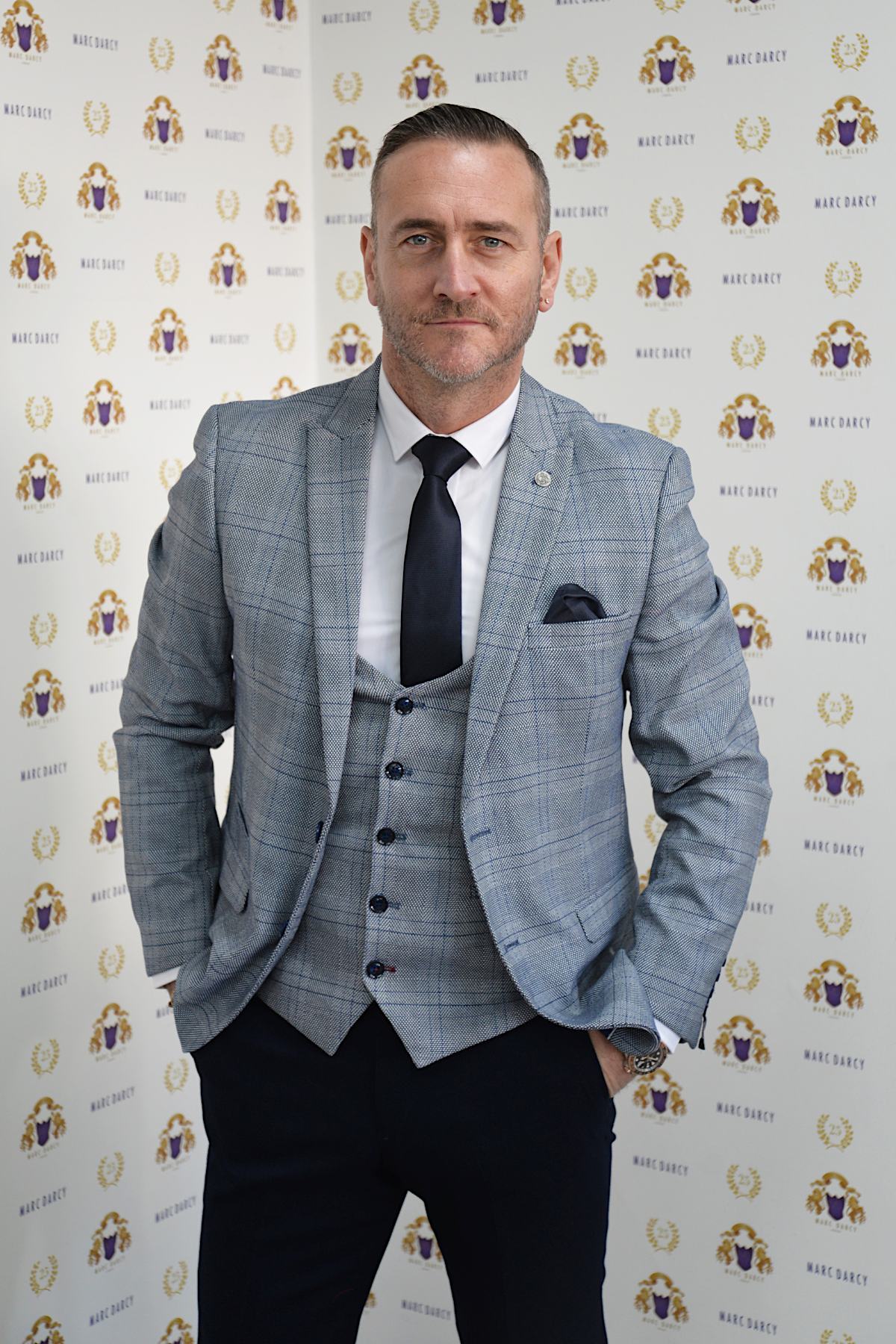 Actor Will Mellor in Jerry Grey Check Blazer & Waistcoat – Marc Darcy
